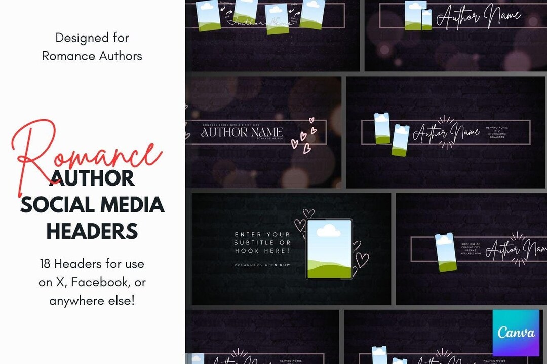 Romance Author Canva Social Media Headers Templates - Editable Canva ...