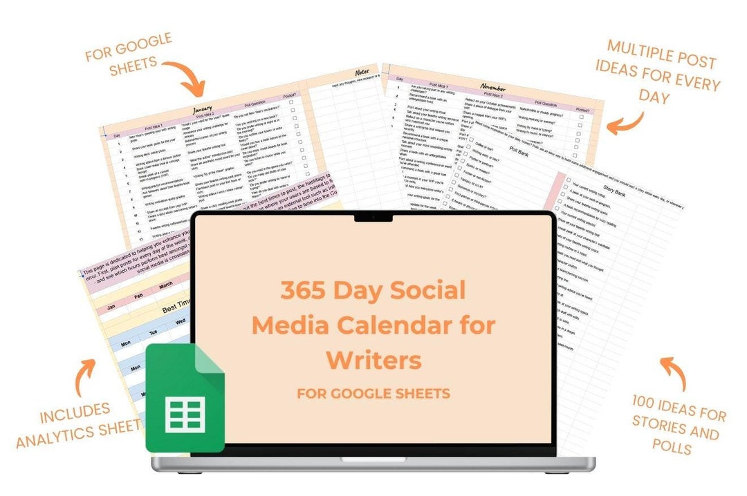 365 Days Social Media Ideas Calendar for Authors | Google Sheets Social ...