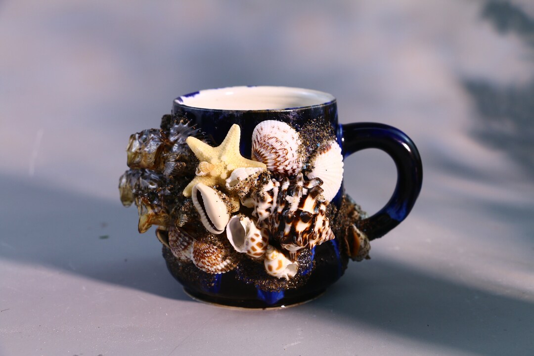 Sea Shell Ceramic Coffee Mug, Handcrafted Ocean Blue With Starfish and ...