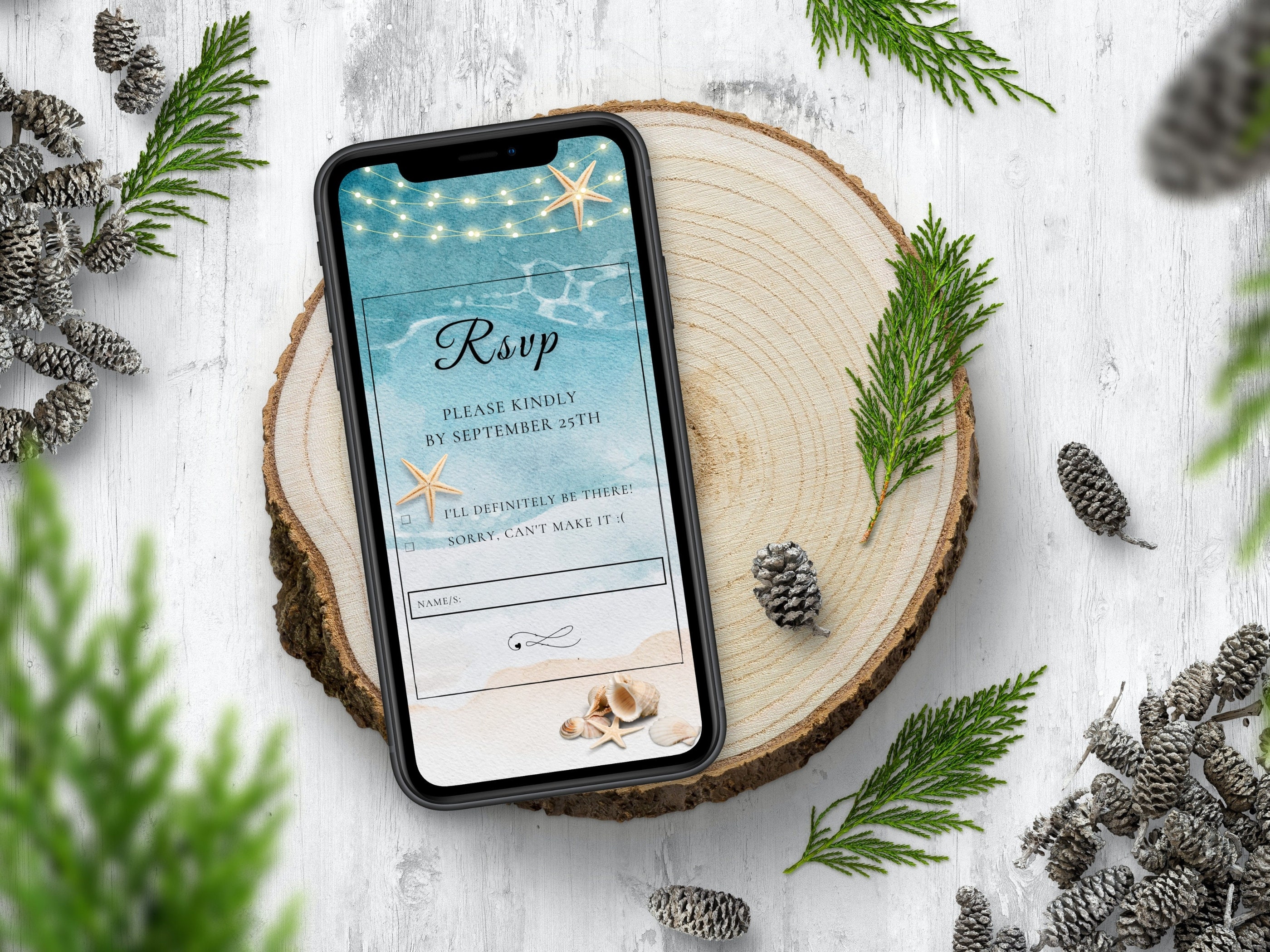 Beach Digital Wedding Invitation Template Suite, Electronic Editable ...