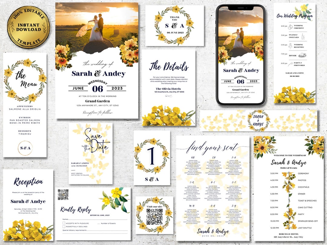 YELLOW Wedding Invitation Template Bundle Travel Destination - Etsy