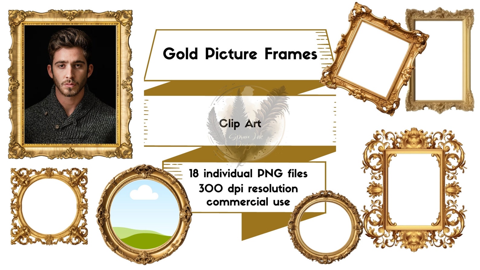 Gold Picture Frame Clipart, Digital Gold Old Painting Frame, Vintage ...