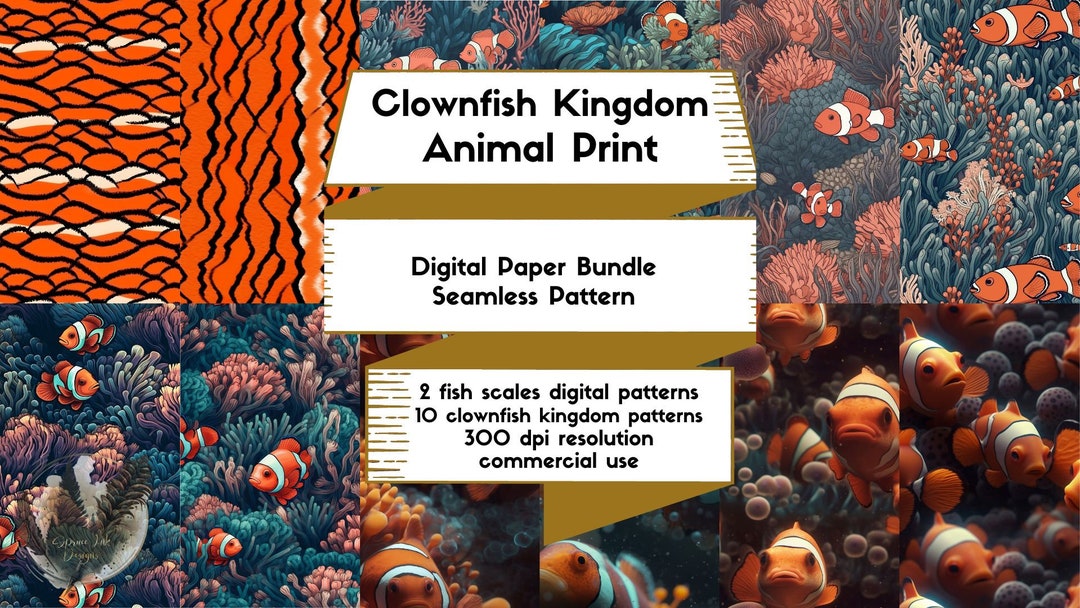 Clownfish Kingdom Animal Print Digital Paper Pack of 15 Textures ...