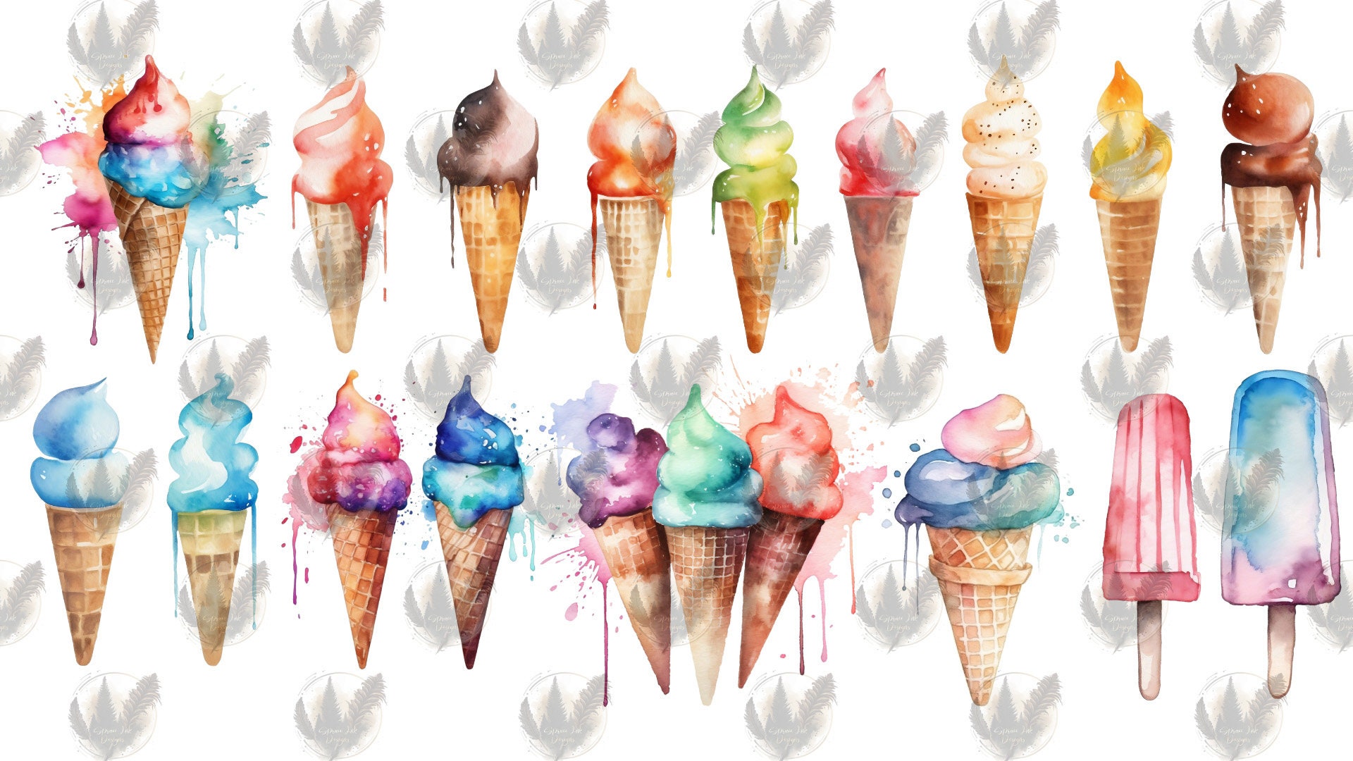 Mega Watercolor Ice Cream Clipart Pack - Cones, Ice Pops, Ice Cream ...