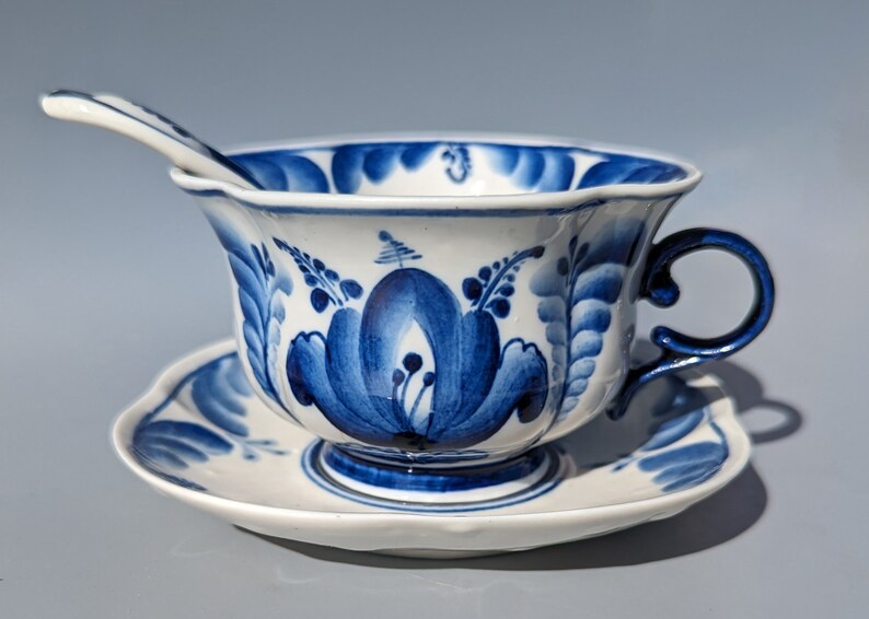 Vintage Gzhel Porcelain Tea Cup, Saucer, and Spoon Set in Blue & White ...