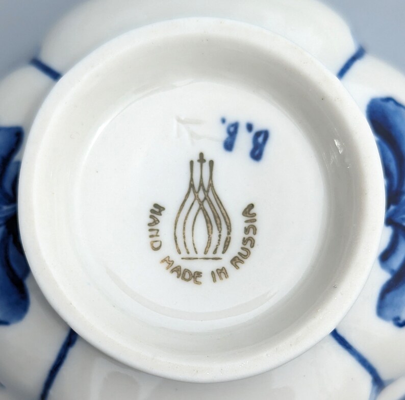 Vintage Gzhel Porcelain Tea Cup, Saucer, and Spoon Set in Blue & White ...