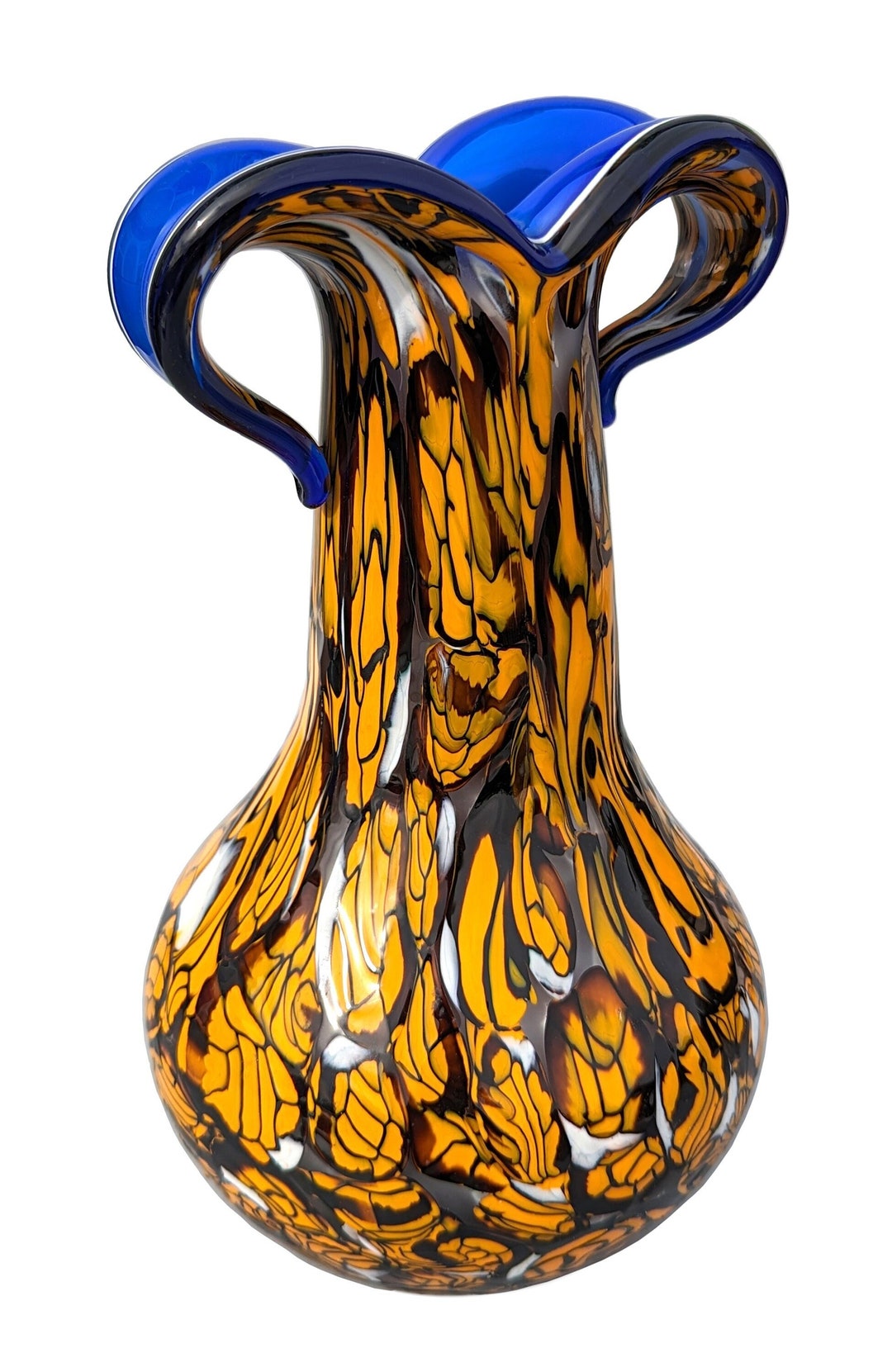 Hand Blown Art Glass Vase With Monarch Butterfly Motif & Cobalt Blue ...