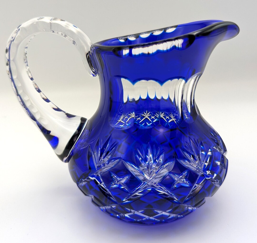 Vintage Cobalt Blue Cut to Clear Crystal Glass Pitcher W/ Pineapple Cut ...