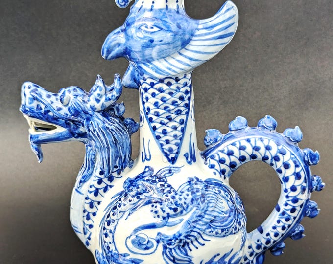 Vintage Chinese Dragon Teapot Blue White Rare Fu Dog Lid and Long ...