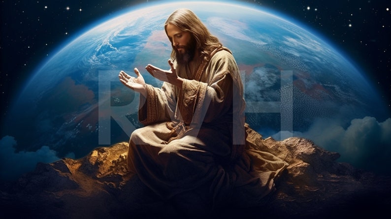 Jesus Praying Over Earth in a Set of 3 Digital Downloads With Brilliant ...
