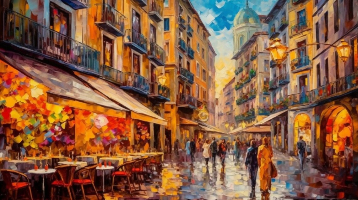 A Busy Street in Madrid, Spain in a Set of 4 Digital Downloads With ...