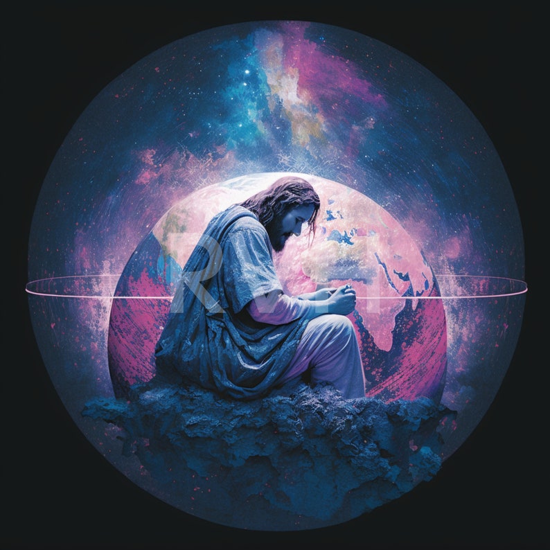 Jesus Praying Over Earth in a Set of 3 Digital Downloads With Brilliant ...