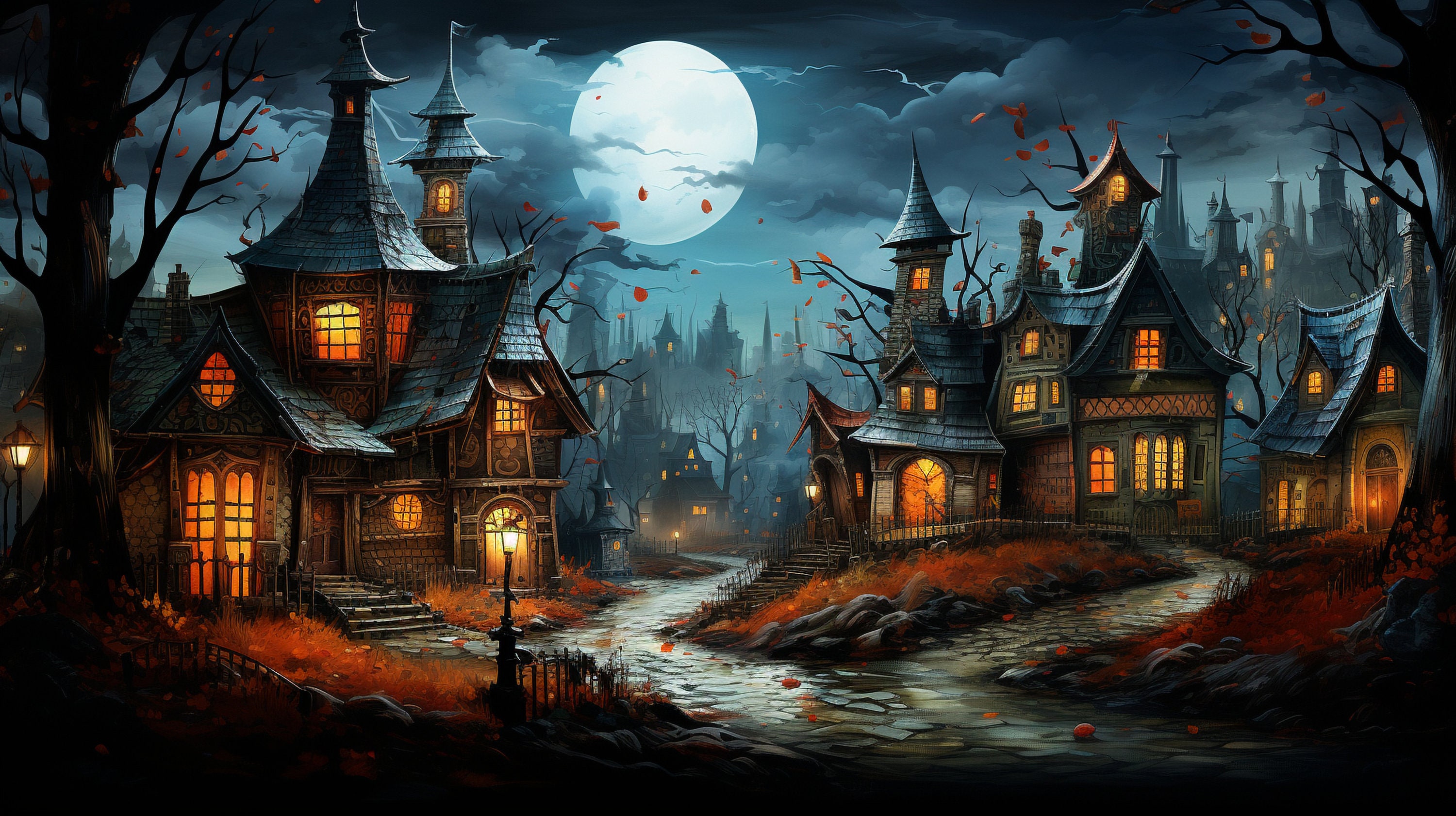 A Halloween Village in a Set of 4 Digital Downloads With Orange Colors Suitable for Printing ...
