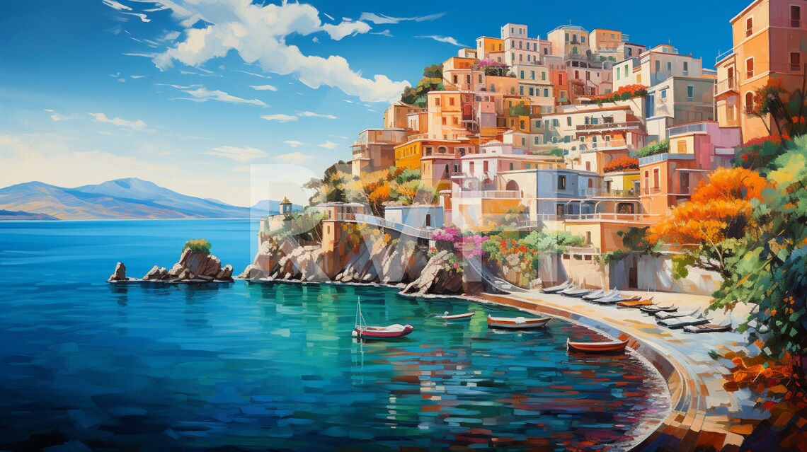 The Amalfi Coast in Italy in a Set of 4 Digital Downloads With Bold ...