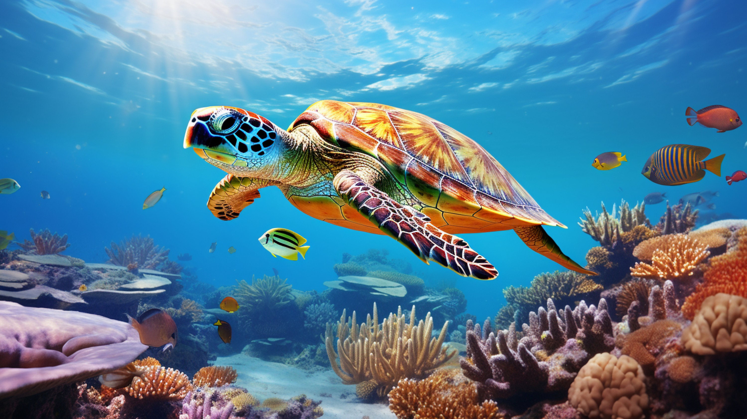 Sea Turtles in the Ocean in a Set of 4 Digital Downloads With Beautiful ...
