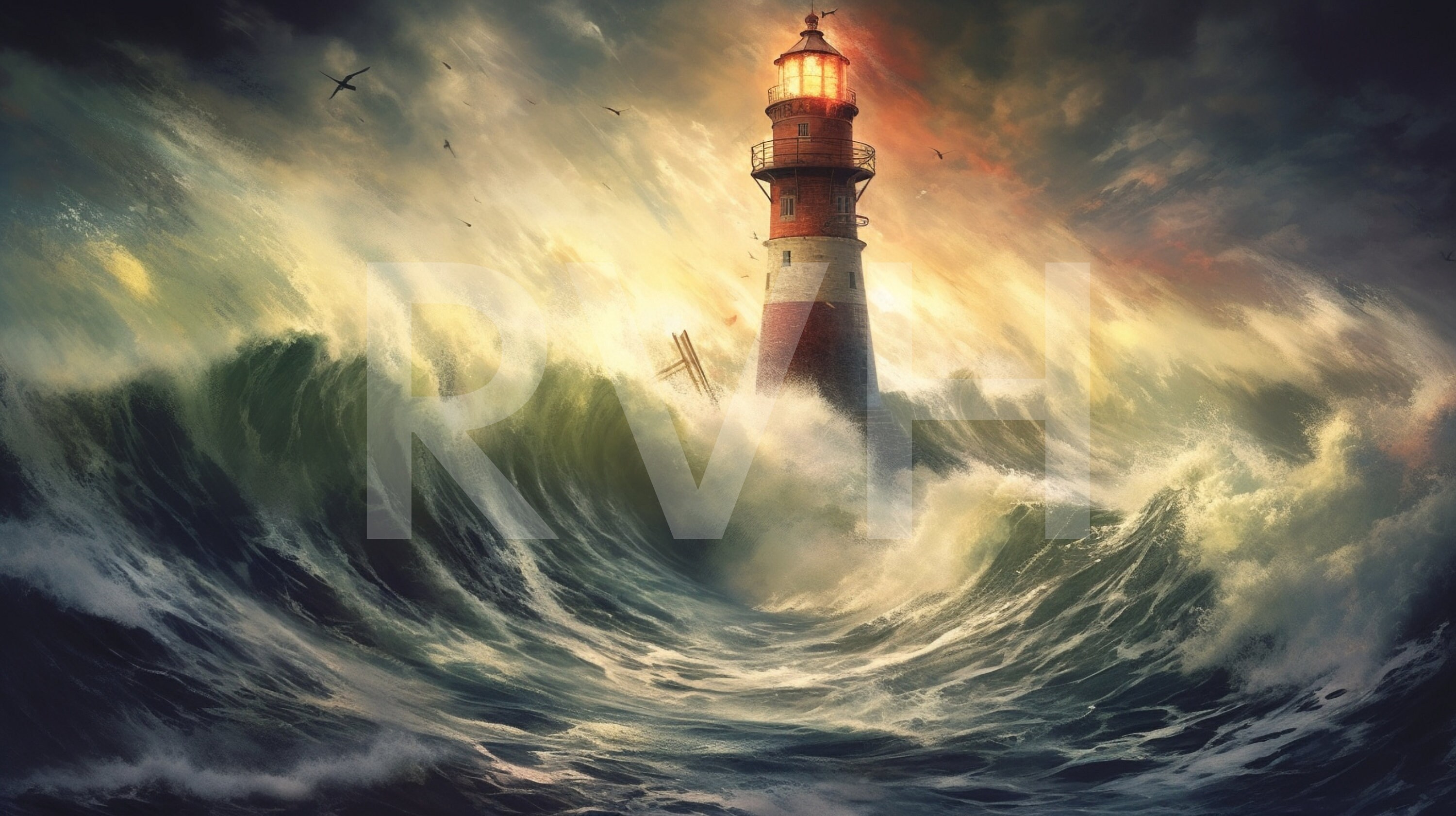 A Lighthouse in a Storm in a Set of 4 Digital Downloads With Brilliant ...
