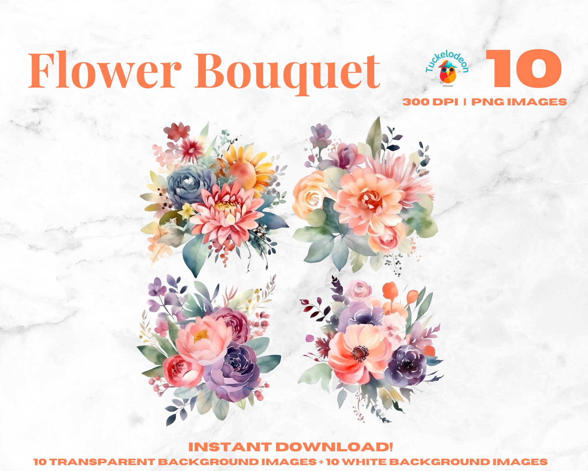 Watercolor Flower Bouquet Clipart - PNG Clip Art Bundle - Digital ...