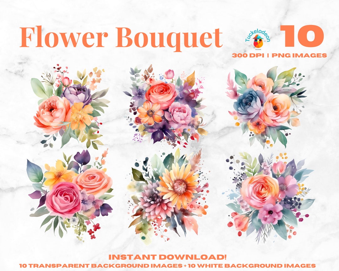 Watercolor Flower Bouquet Clipart - PNG Clip Art Bundle - Digital ...