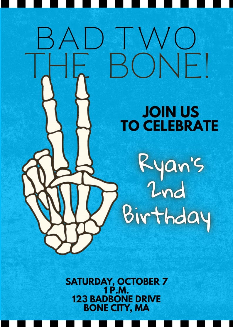 Bad Two the Bone Birthday Invitation, Editable 2nd Birthday Skeleton ...