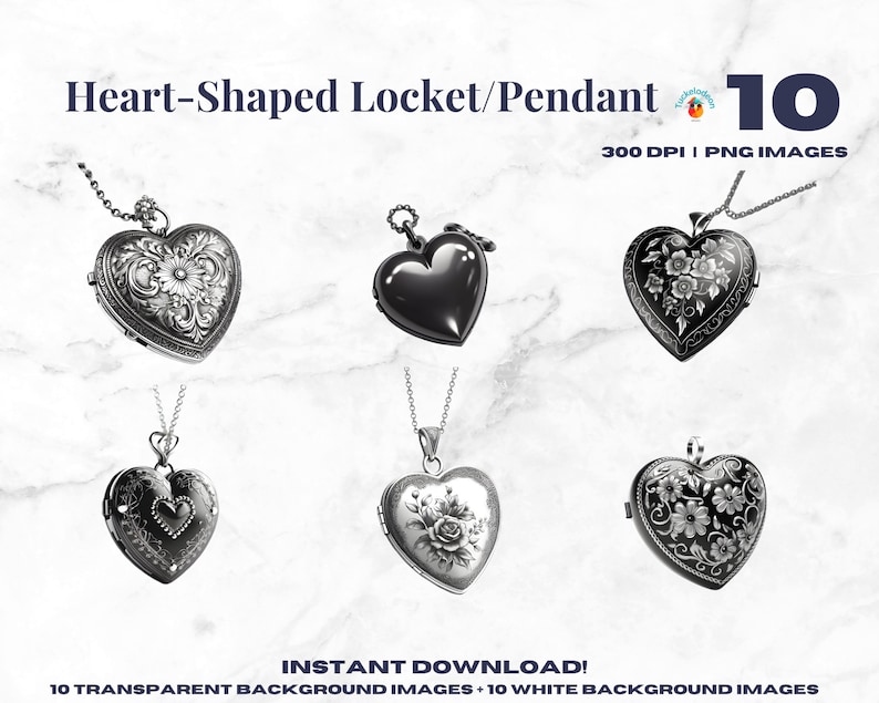 Heart Locket Clipart - PNG Clip Art Bundle - Black and White - B&W ...
