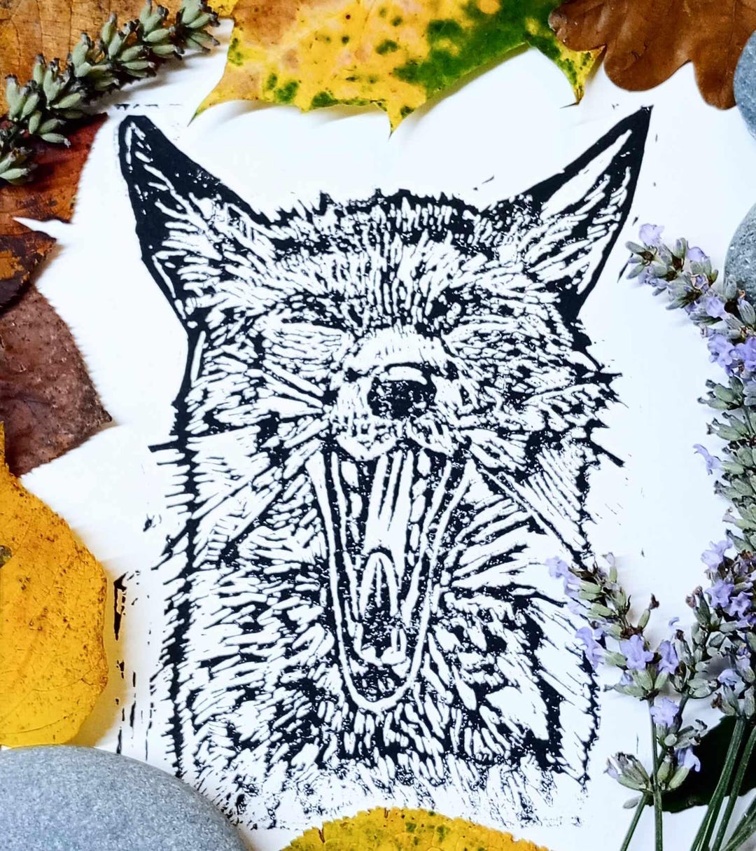 Big Yawn Fox Handmade Black and White Lino Print Limited Edition Gift ...