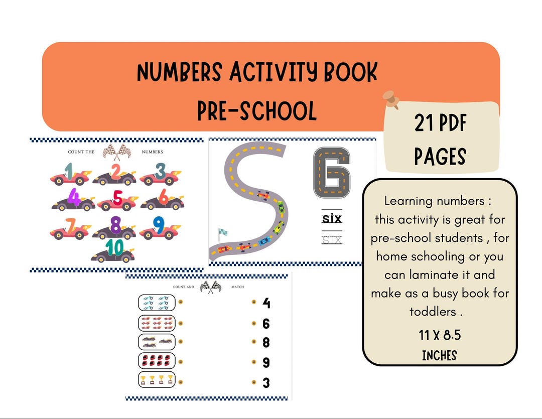Number Activity Book Race Car Worksheets Homeschool Math Kindergarten ...