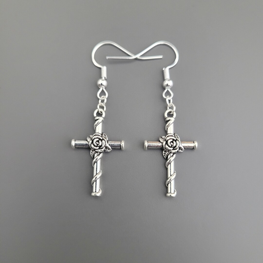 925 Sterling Silver Hook Christianity Cross With Rose Charm Earrings ...