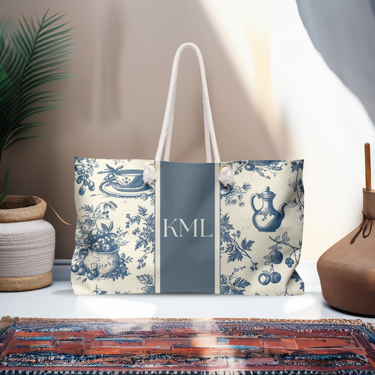 Monogram Blue Toile Weekender Bag Dusty Blue Toile Initial Tote Bag ...