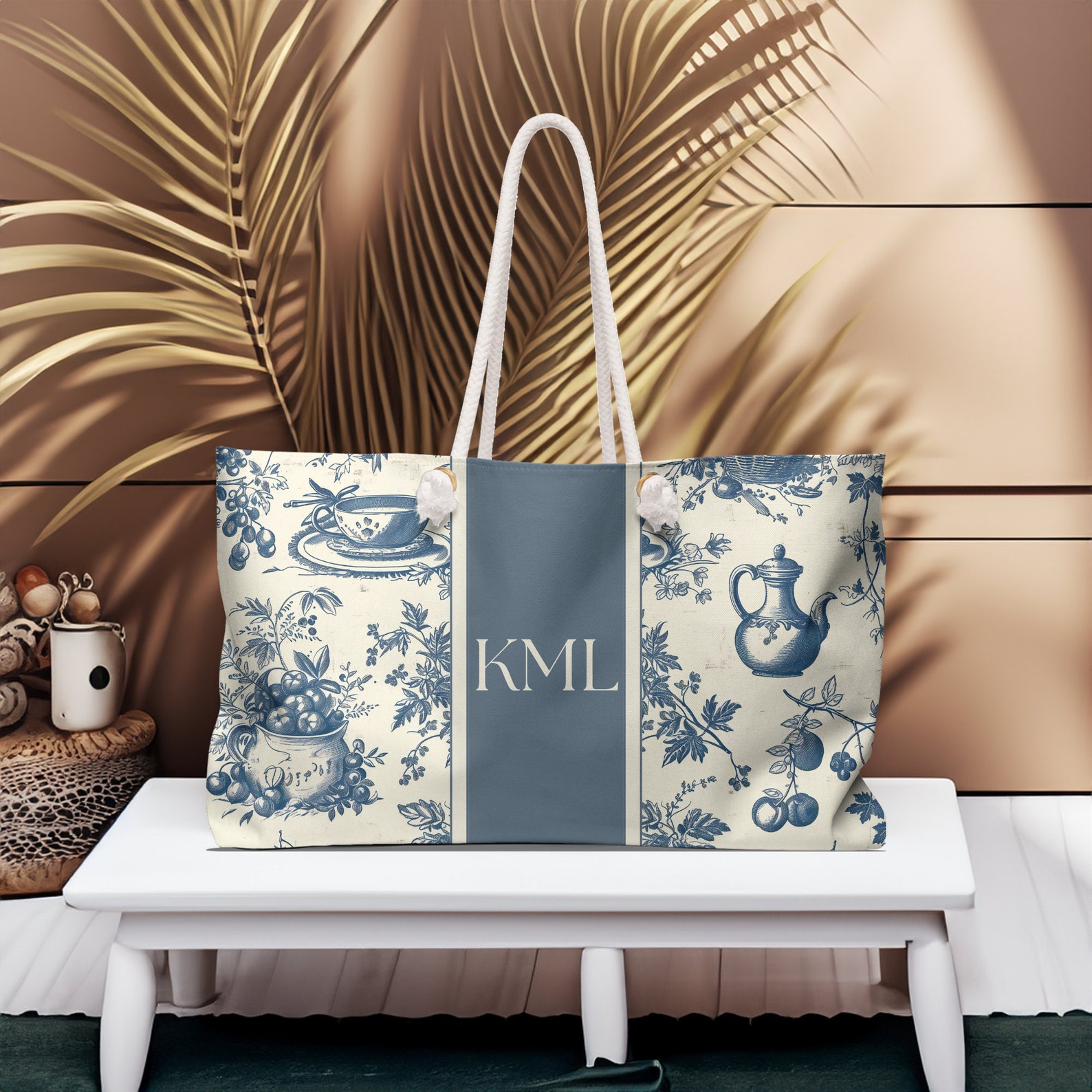 Monogram Blue Toile Weekender Bag Dusty Blue Toile Initial Tote Bag ...