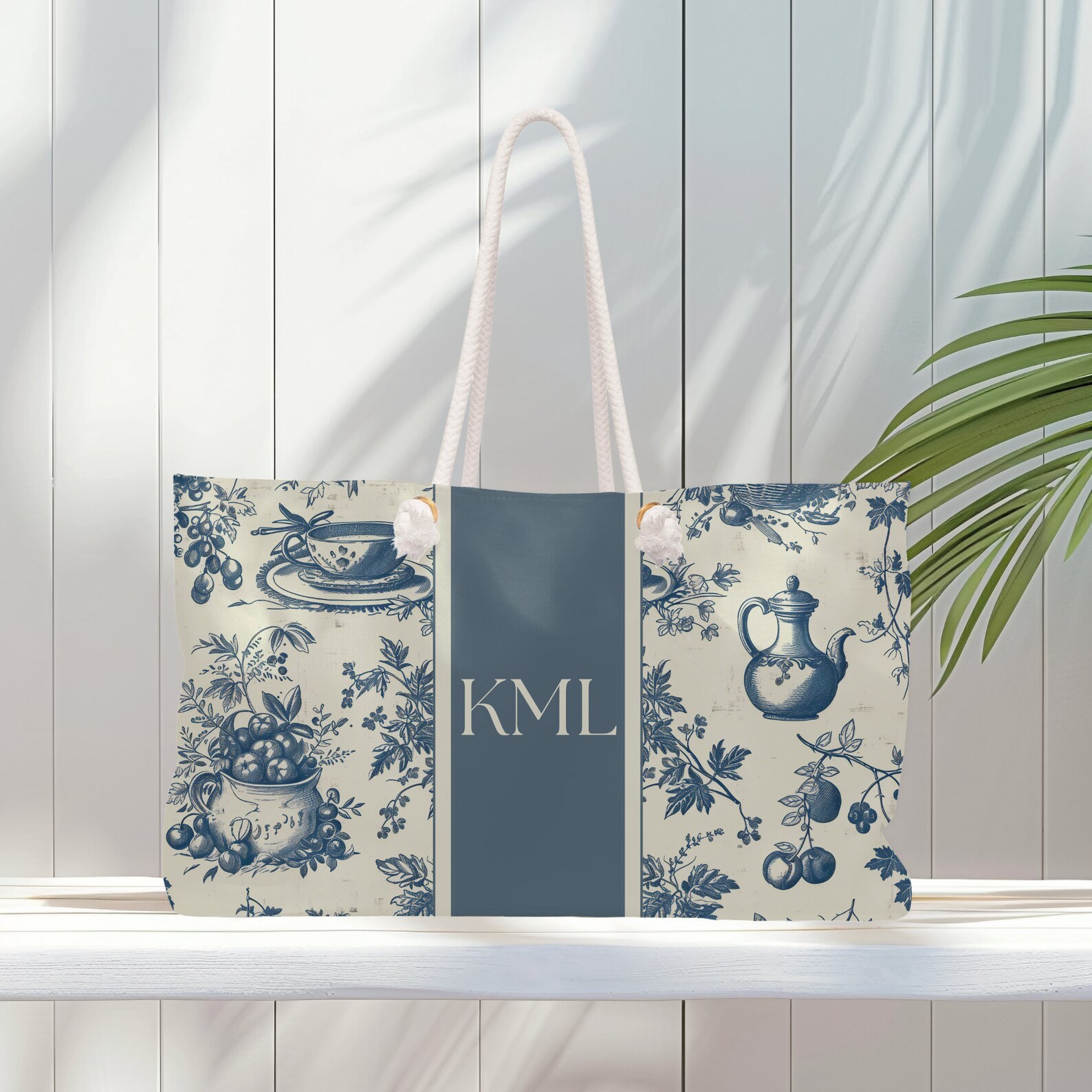 Monogram Blue Toile Weekender Bag Dusty Blue Toile Initial Tote Bag ...