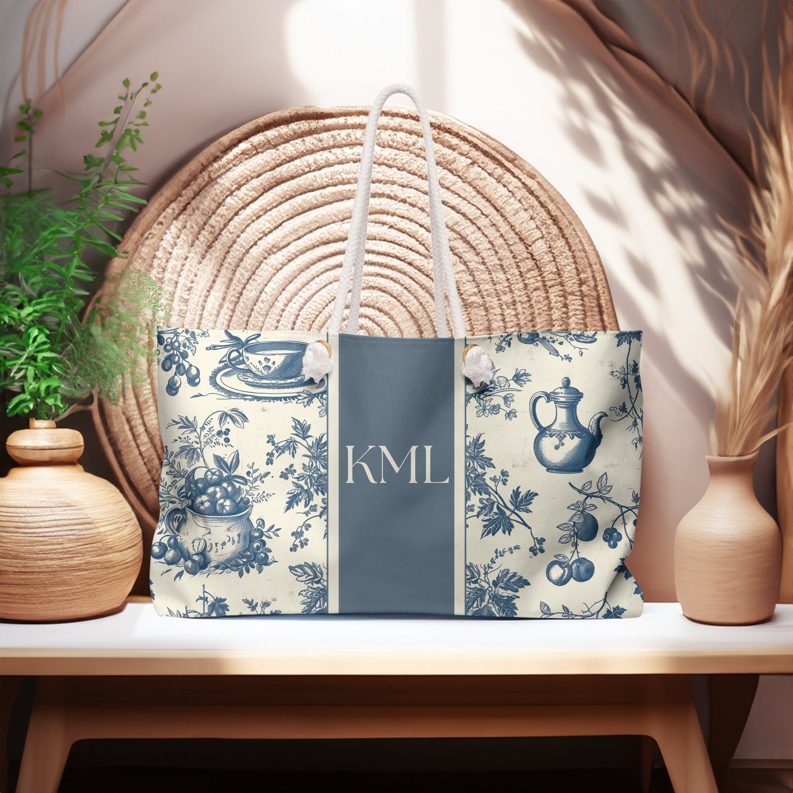 Monogram Blue Toile Weekender Bag Dusty Blue Toile Initial Tote Bag ...
