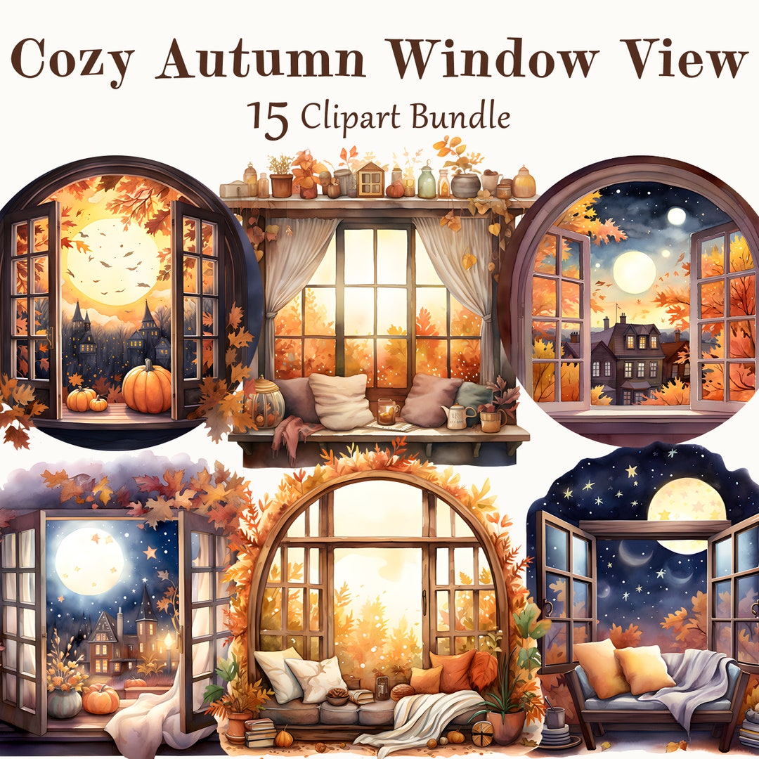 15 Cozy Autumn Window View Clipart, Watercolor Fall Art, Quality Art ...