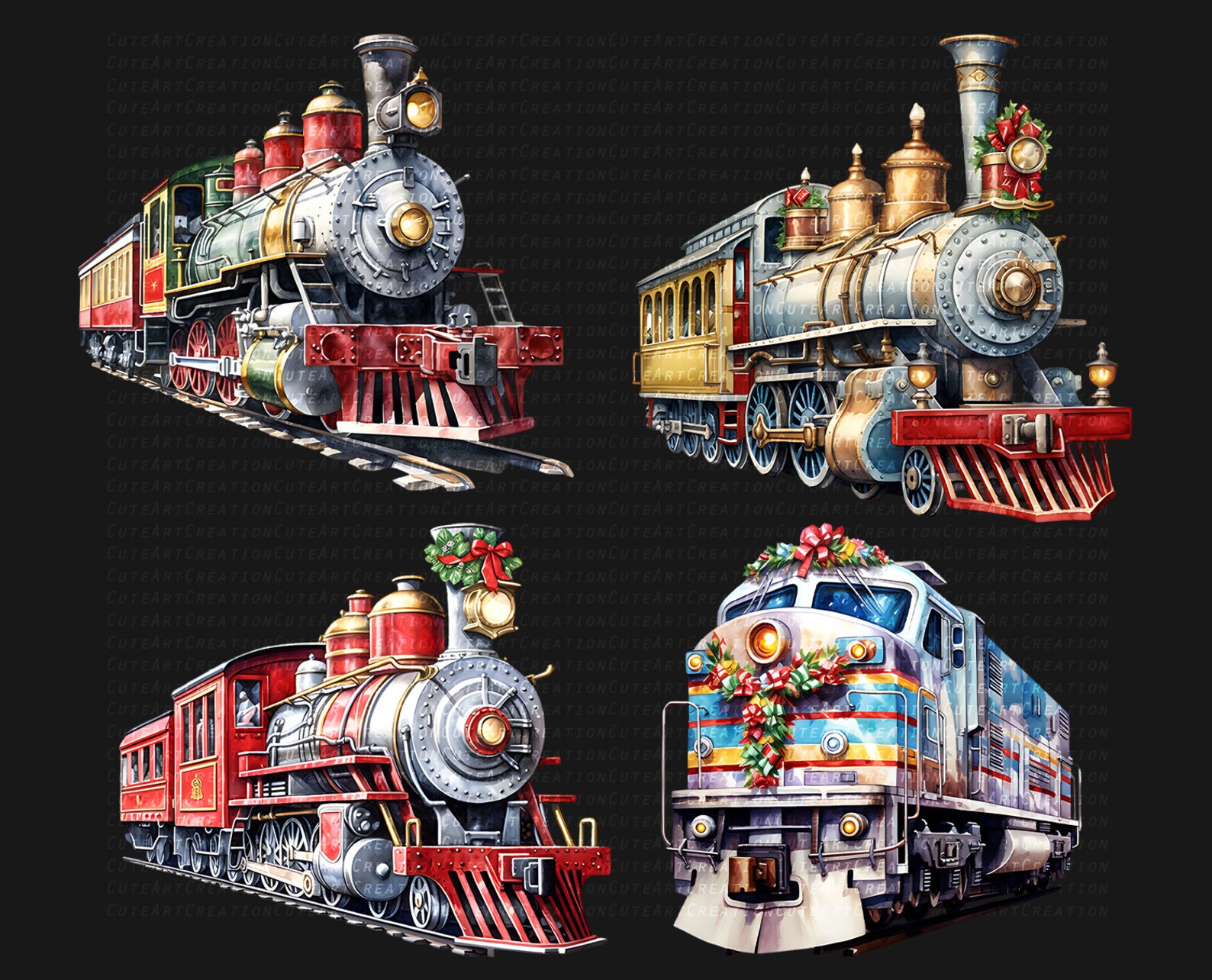 7 Christmas Trains Clipart, Watercolor Train Art, Quality Winter Art ...