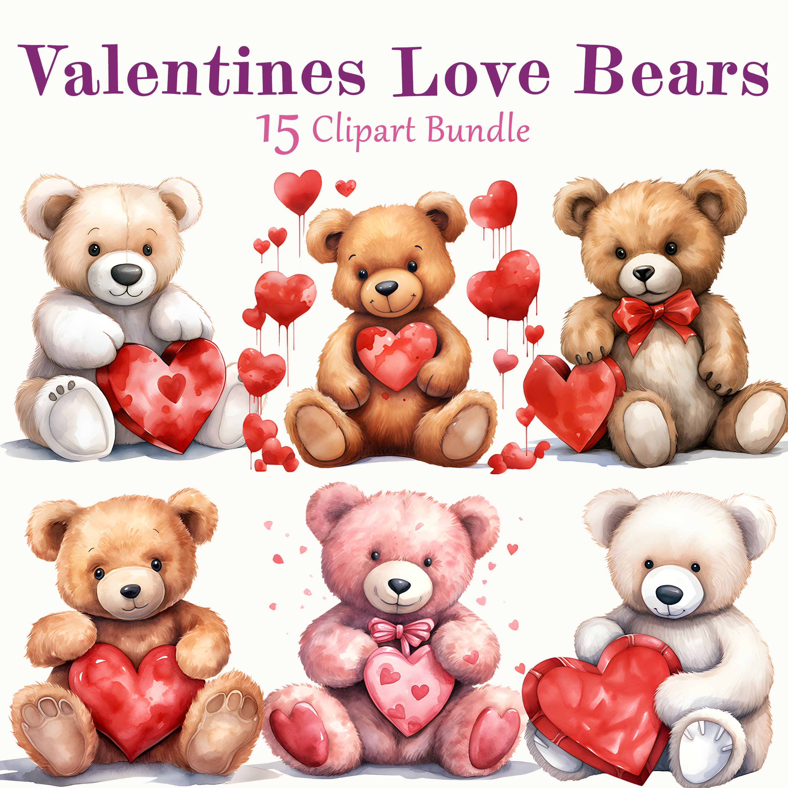 15 Love Bears Clipart, Watercolor Valentines, Teddy Bear Art, Digital ...
