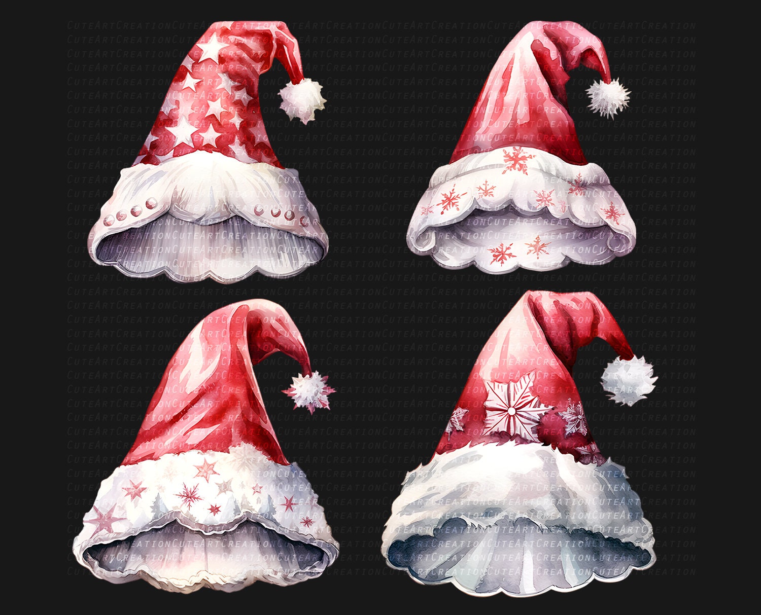 14 Christmas Santas Hats Clipart, Watercolor Hats, Quality Patterns ...