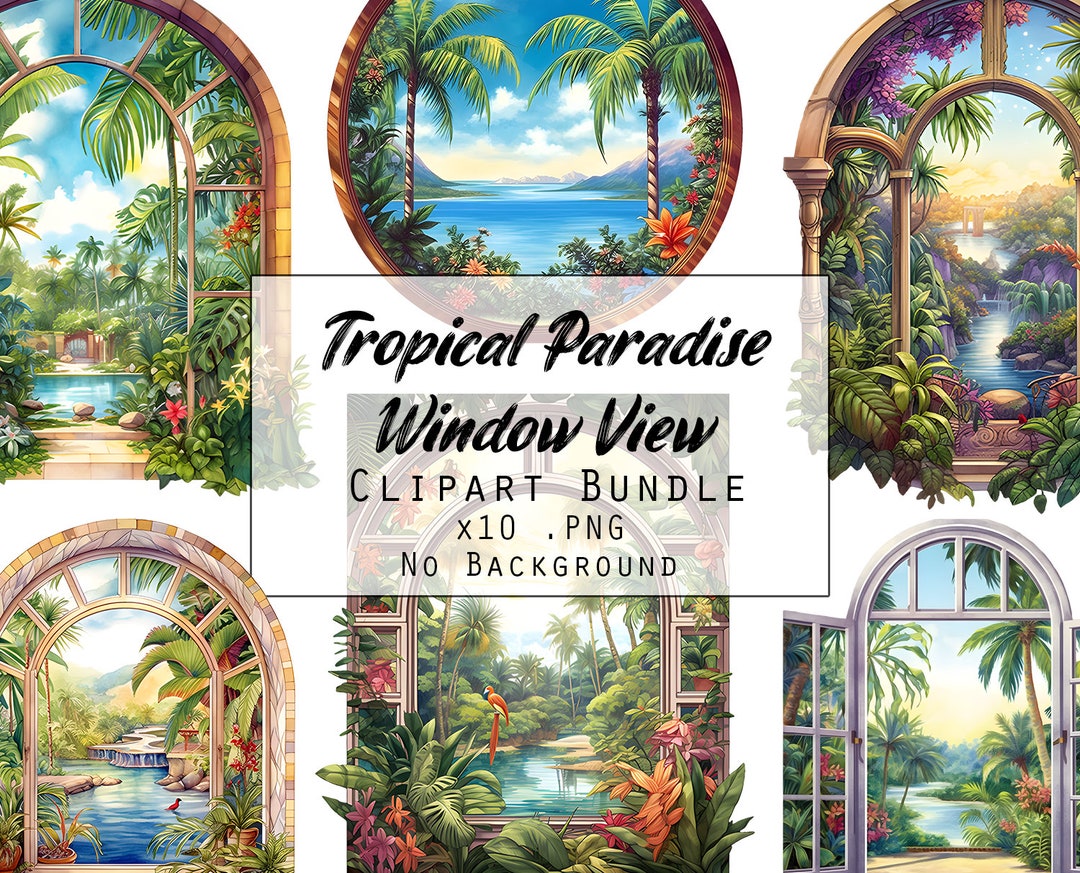 10 Tropical Paradise Window View Clipart Watercolor Window - Etsy