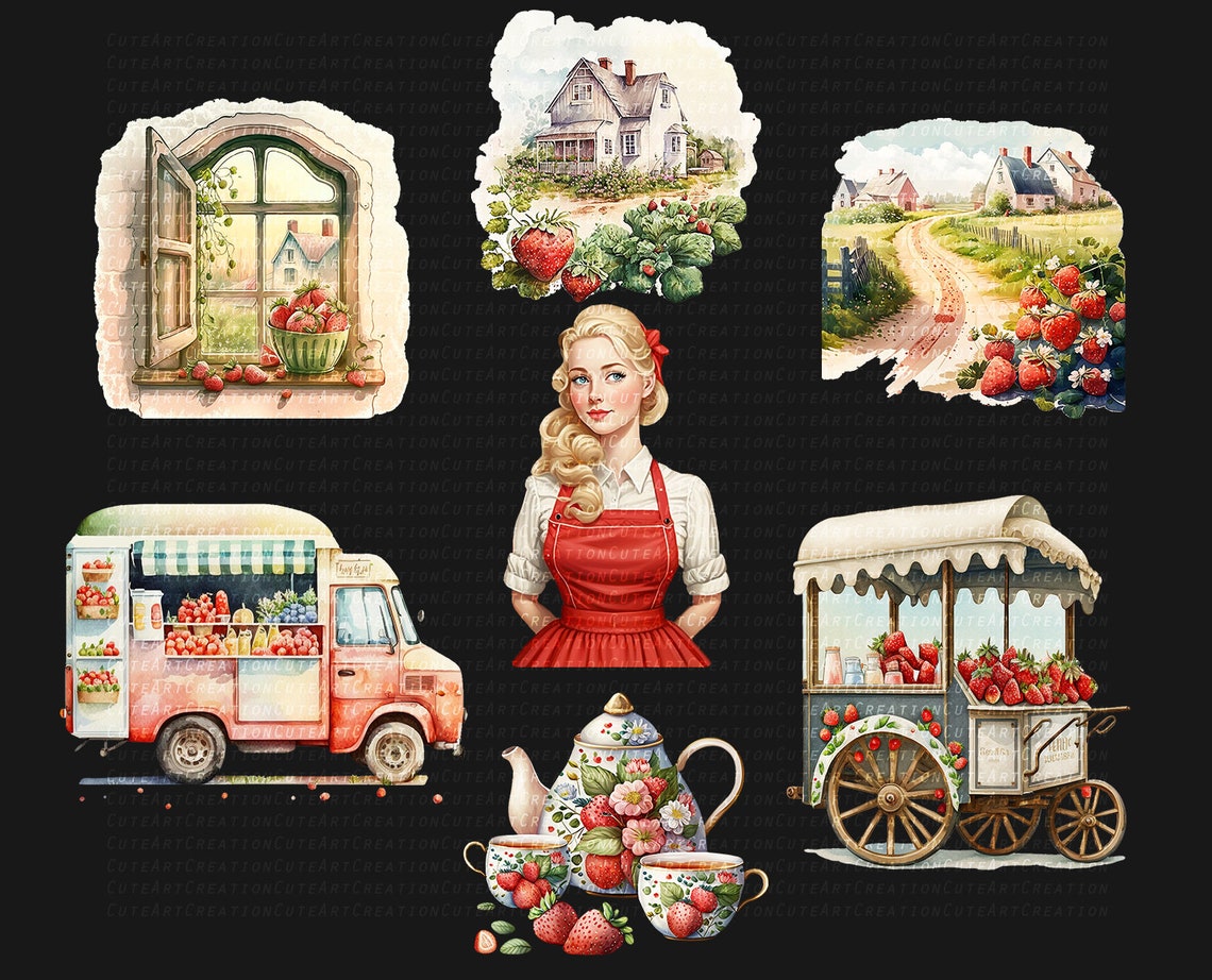 20 Strawberry Farm Life Clipart, Watercolor Strawberries, Digital Art ...