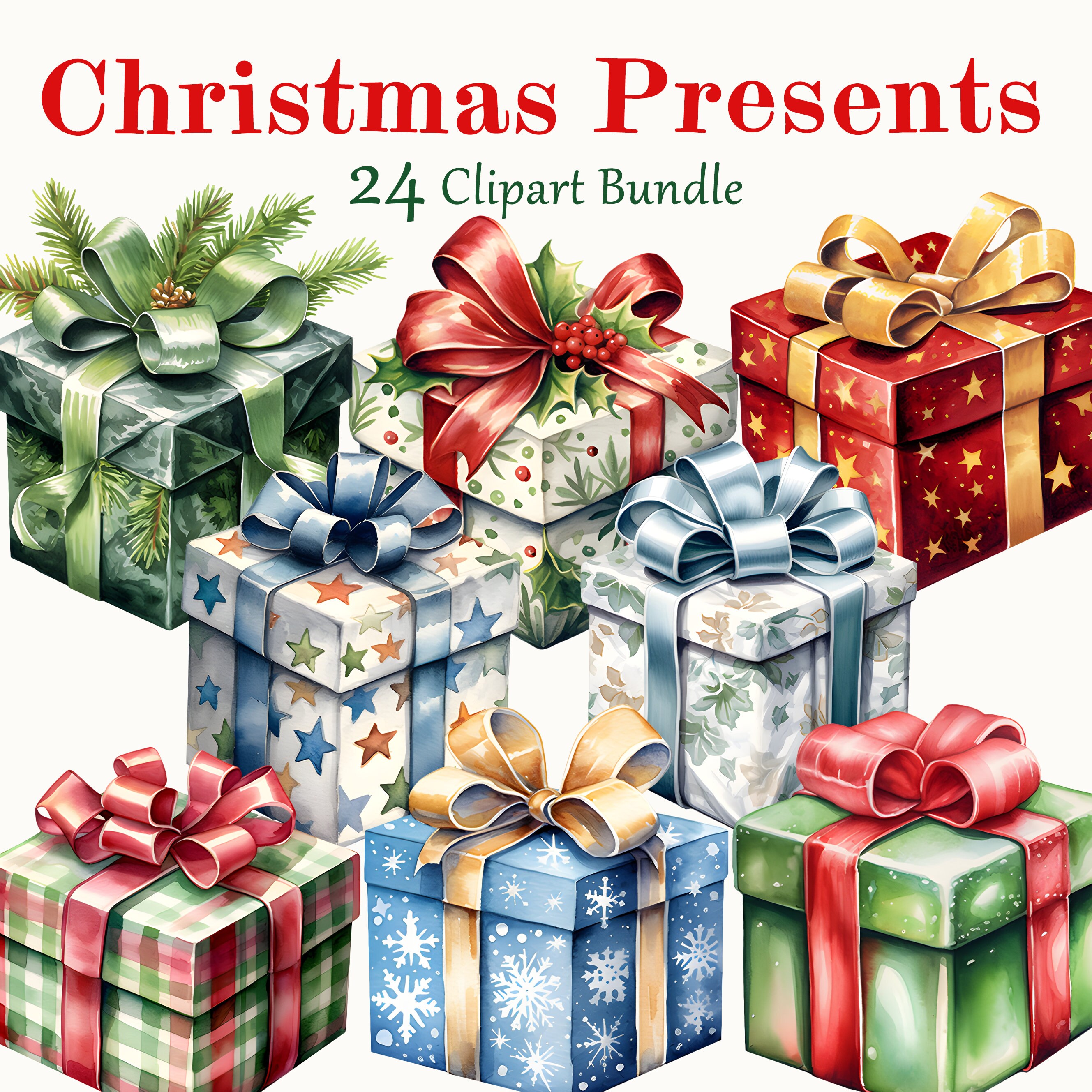 24 Christmas Presents Clipart, Watercolor Gift Art, Winter Art, Gifts ...