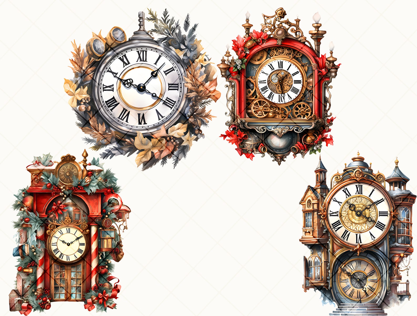14 Christmas Clocks Clipart, Watercolor Clocks Art, Winter Gift Art ...