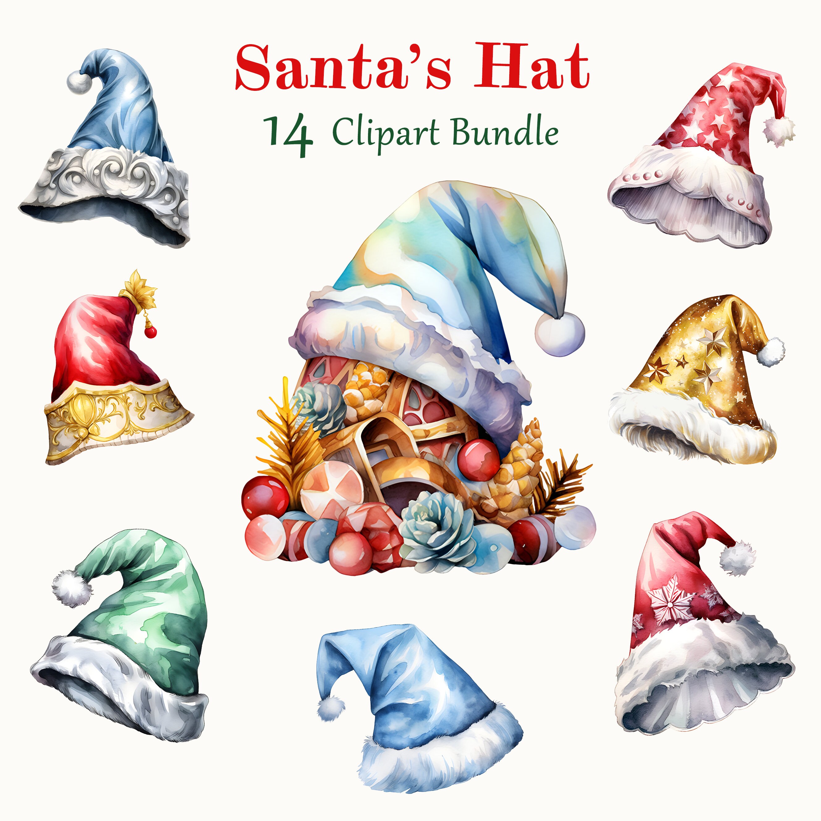 14 Christmas Santas Hats Clipart, Watercolor Hats, Quality Patterns ...