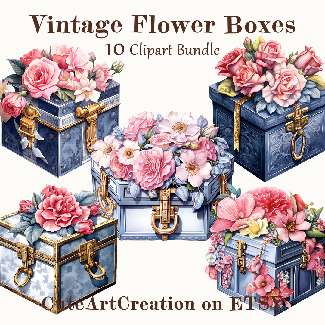 10 Flower Boxes Clipart, Watercolor Flower Box, Pink Flower Art ...