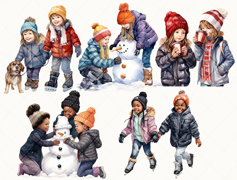 20 Christmas Kids Clipart, Watercolor Children Art, Winter Art, Digital ...