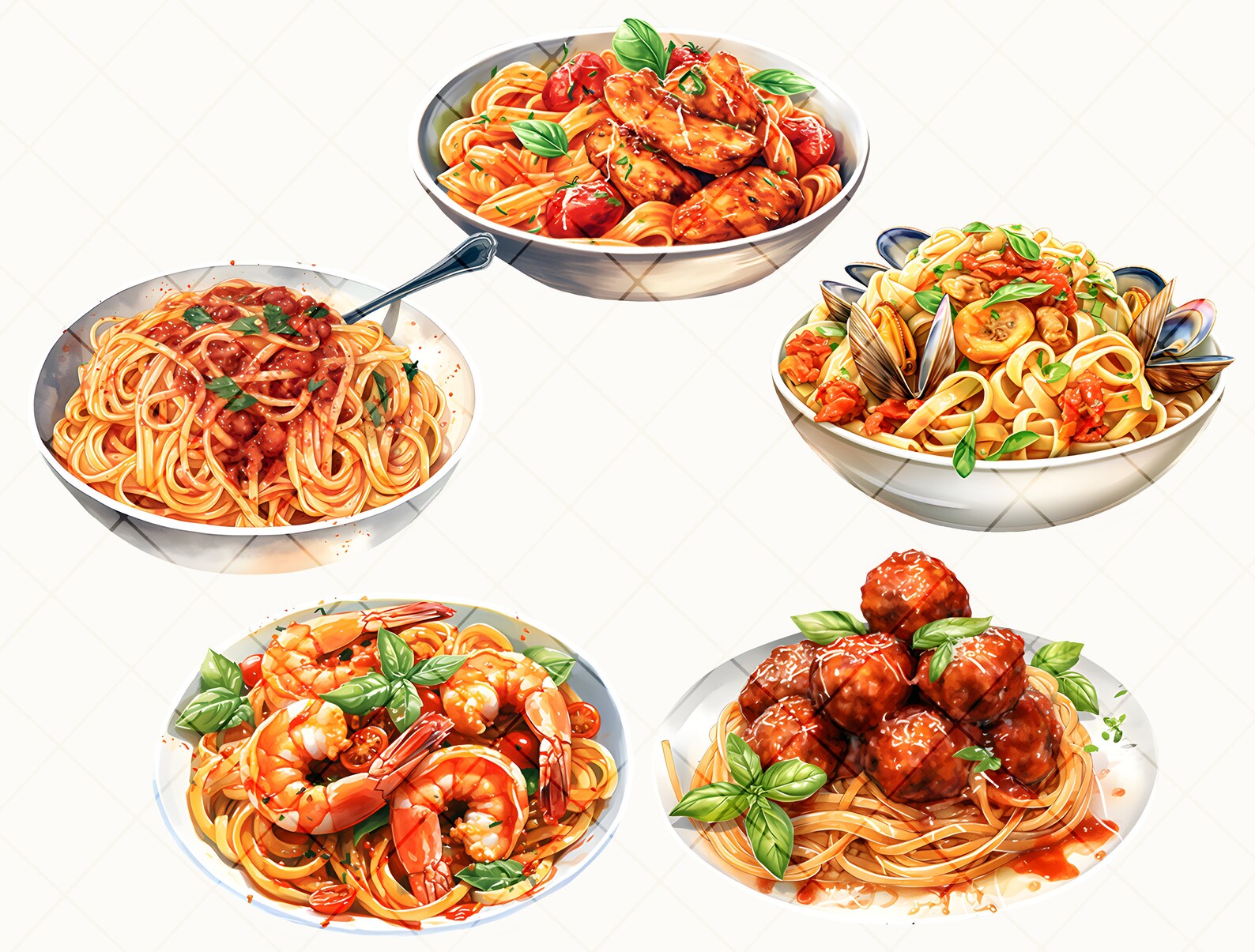 15 Pasta Dishes Clipart, Watercolor Pasta, Pasta Art, Italian Dishes ...