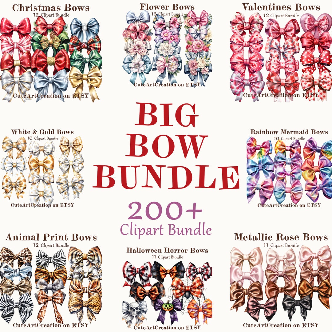Big Bundle 200+ Bows Clipart, Watercolor Pattern, Quality Art, Digital ...