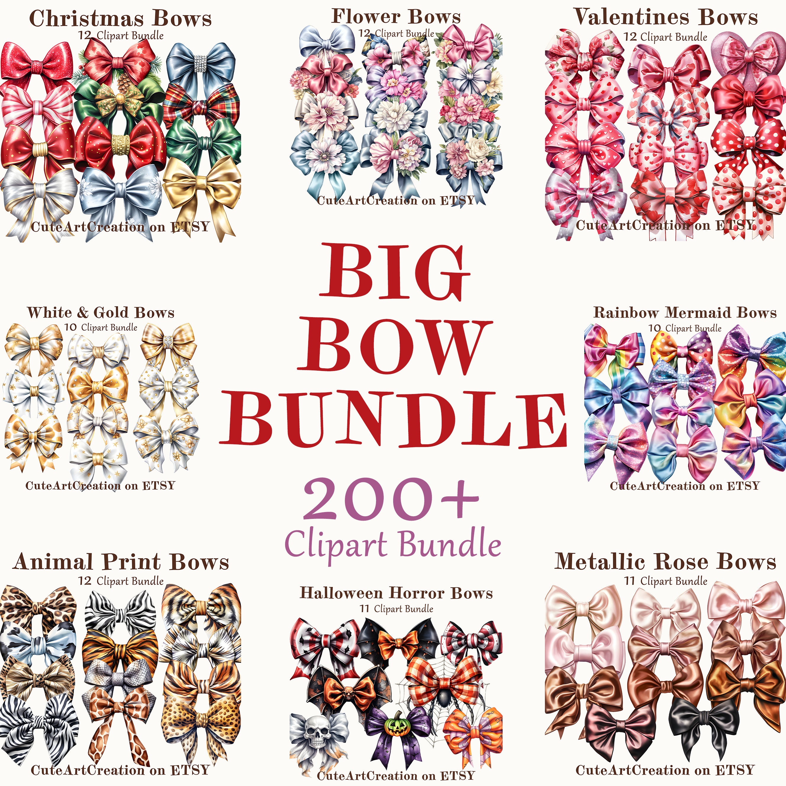 Big Bundle 200+ Bows Clipart, Watercolor Pattern, Quality Art, Digital ...