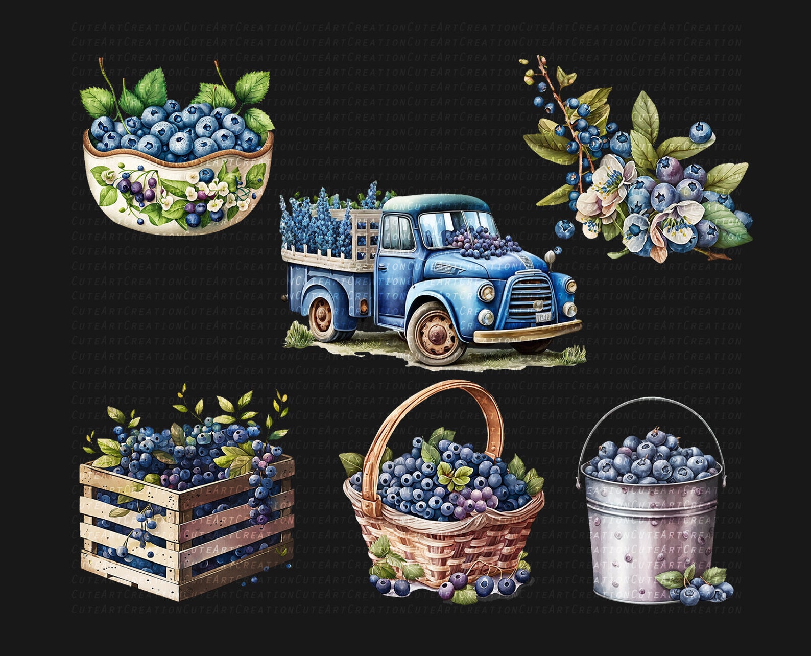 20 Blueberry Farm Life Clipart, Watercolor Blueberries, Berry Art ...