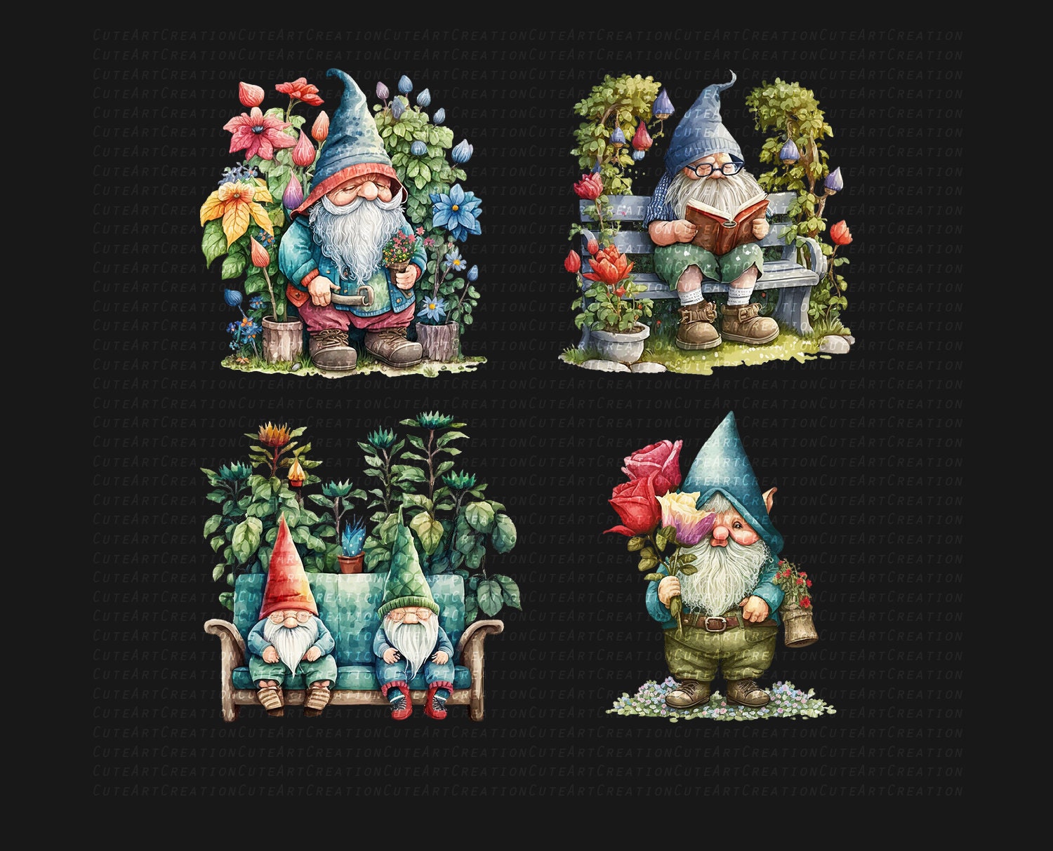 8 Garden Gnome Clipart, Watercolor Gnomes, Quality Garden Gnomes Art ...