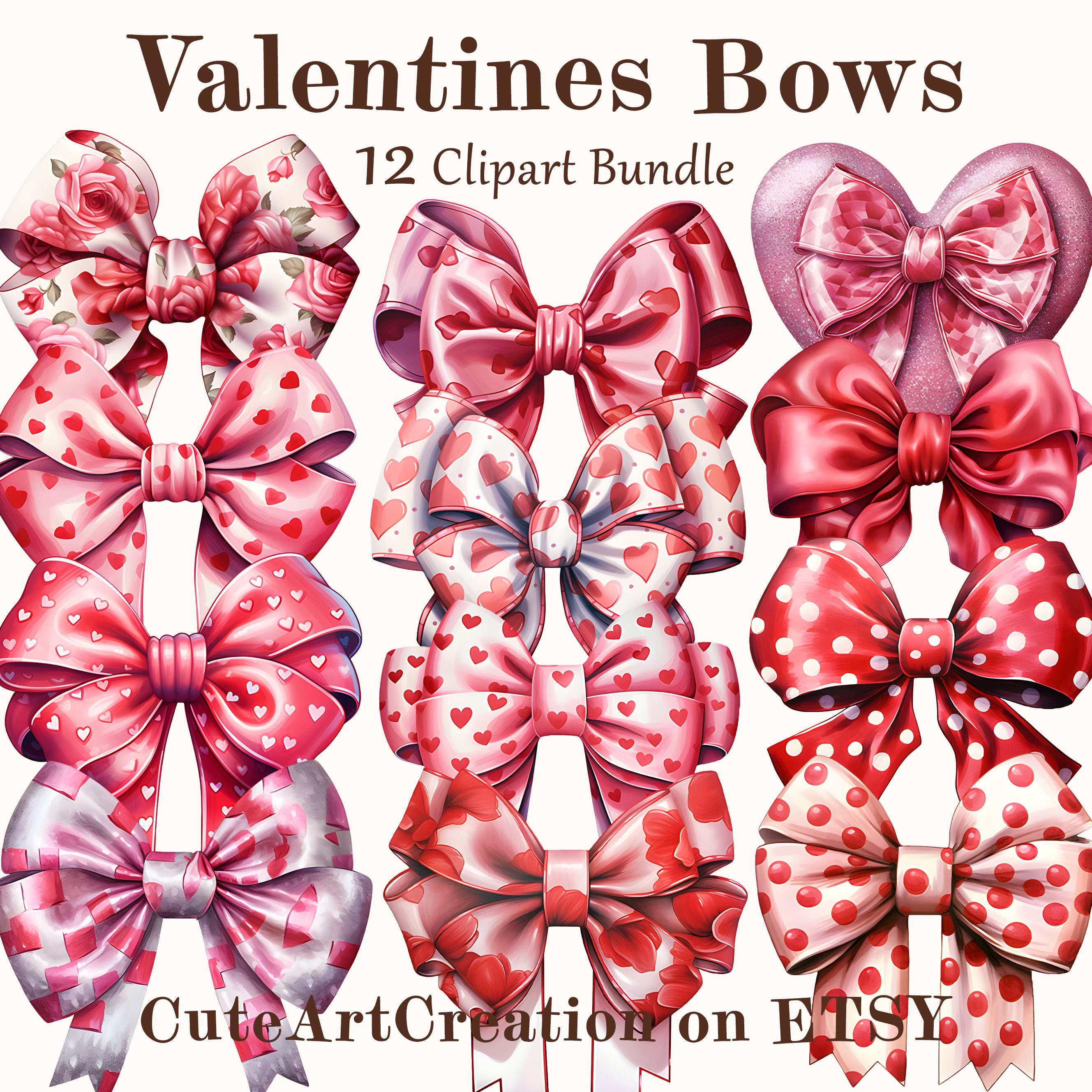 12 Valentines Bows Clipart, Watercolor Bows, Quality Pattern Bow Art ...