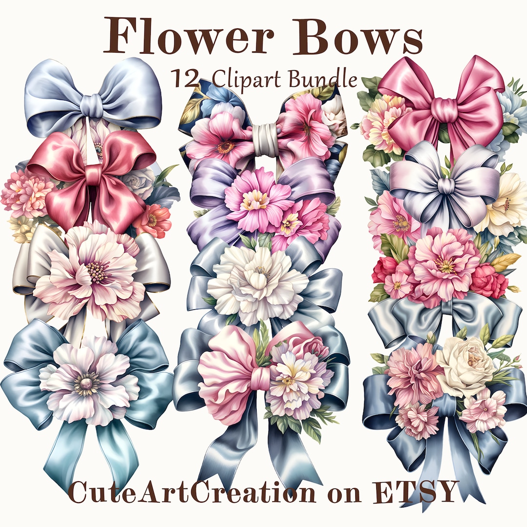 12 Flower Bows Clipart, Watercolor Bows, Vintage Flower Art, Digital ...