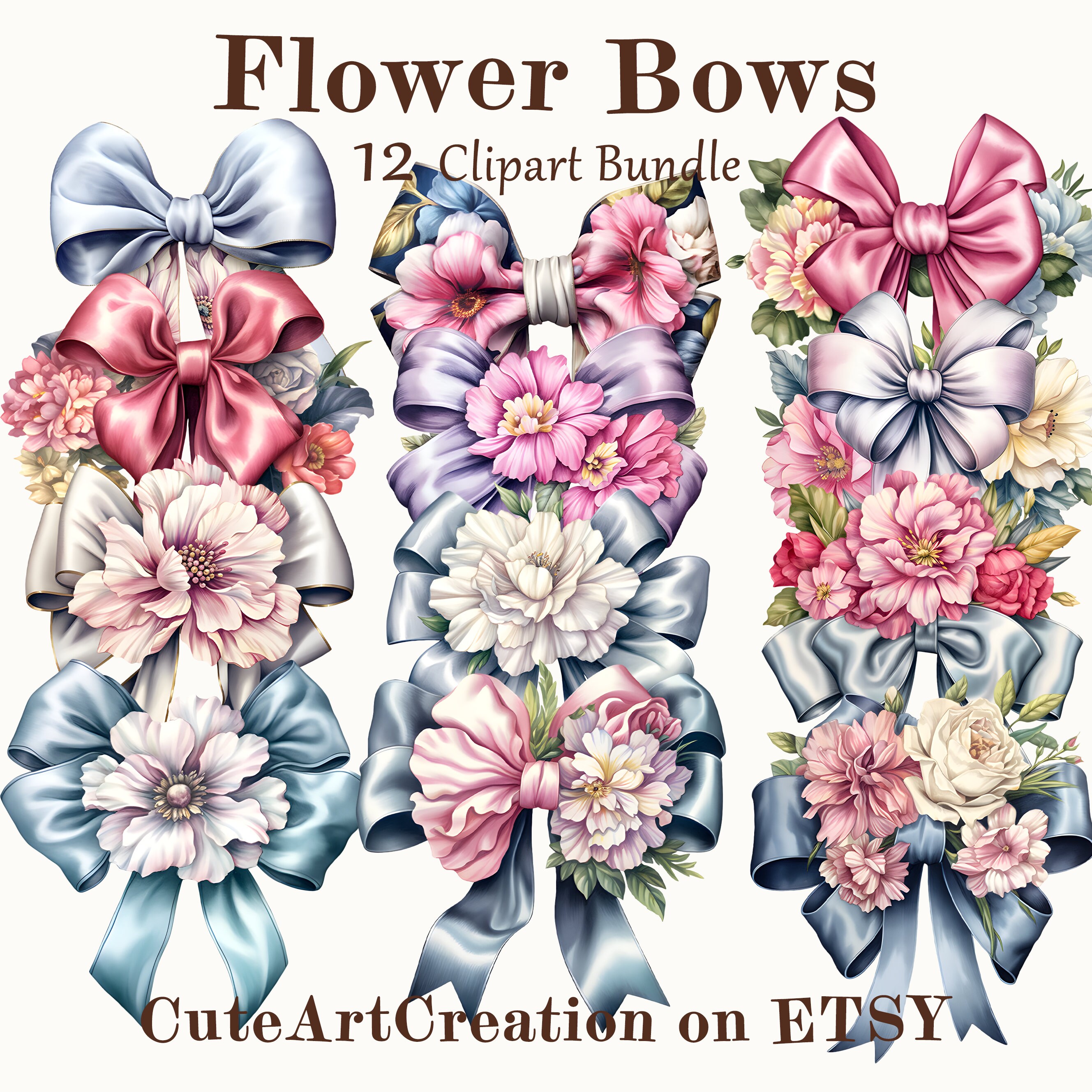 12 Flower Bows Clipart, Watercolor Bows, Vintage Flower Art, Digital ...